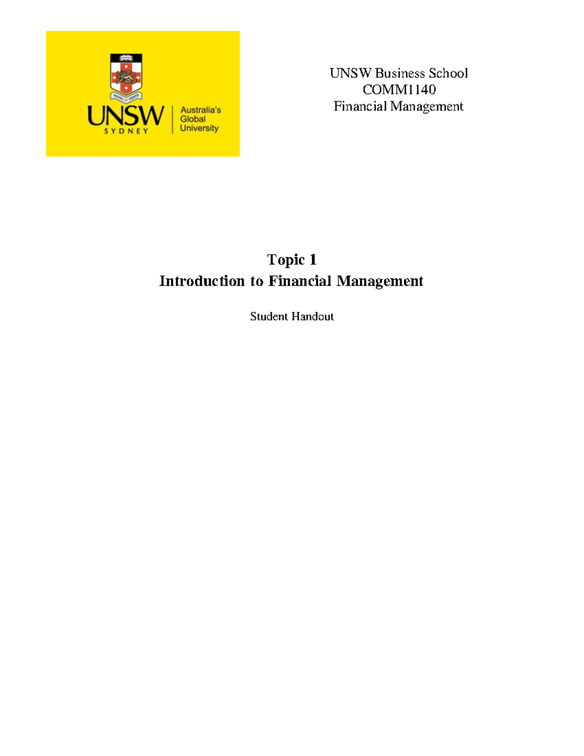 Topic 1. Student Handout - UNSW Business School COMM Financial ...