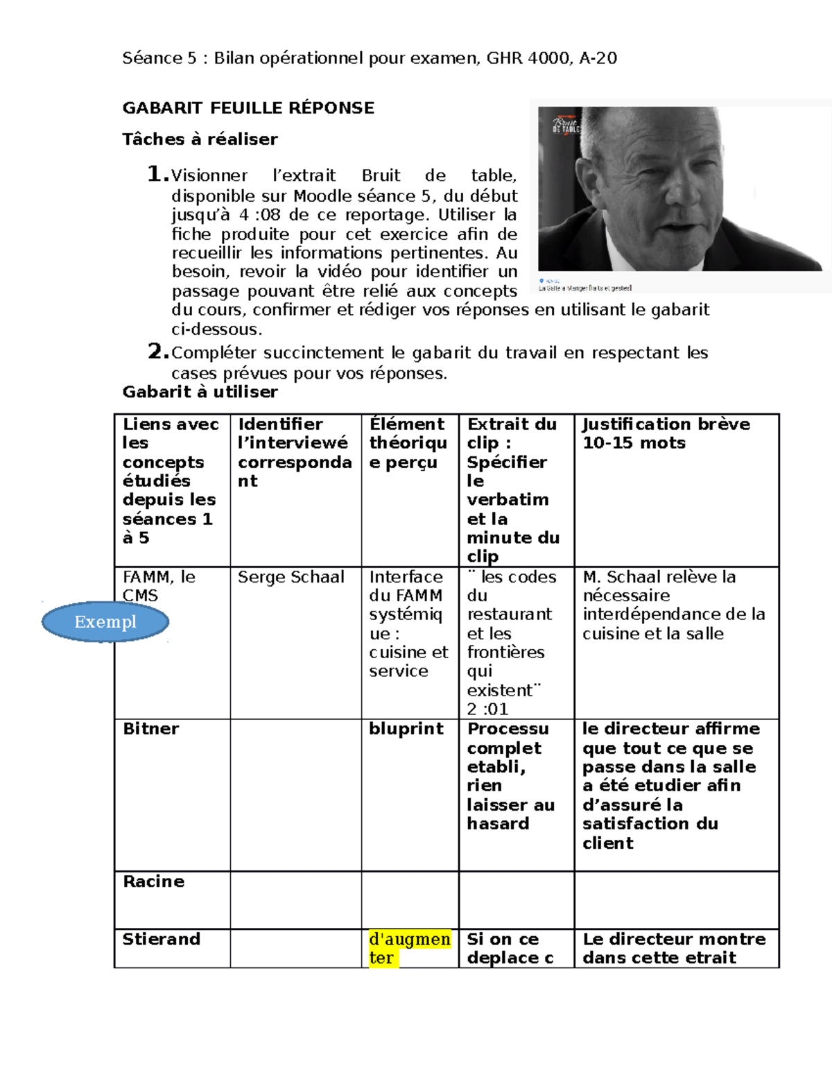 A-20 Bilan opérationnel pour examen Gabarit- Feuille Réponse - Séance 5 ...