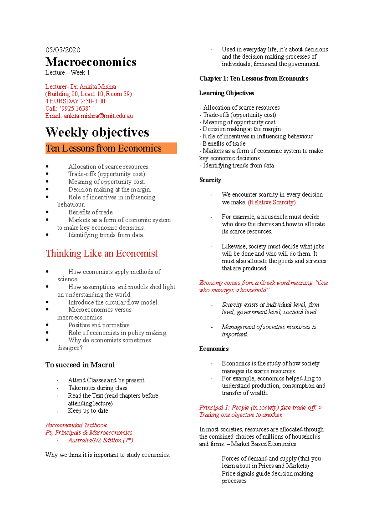 Macroeconomics Lecture Notes - 05/03/ Macroeconomics Lecture – Week 1 ...