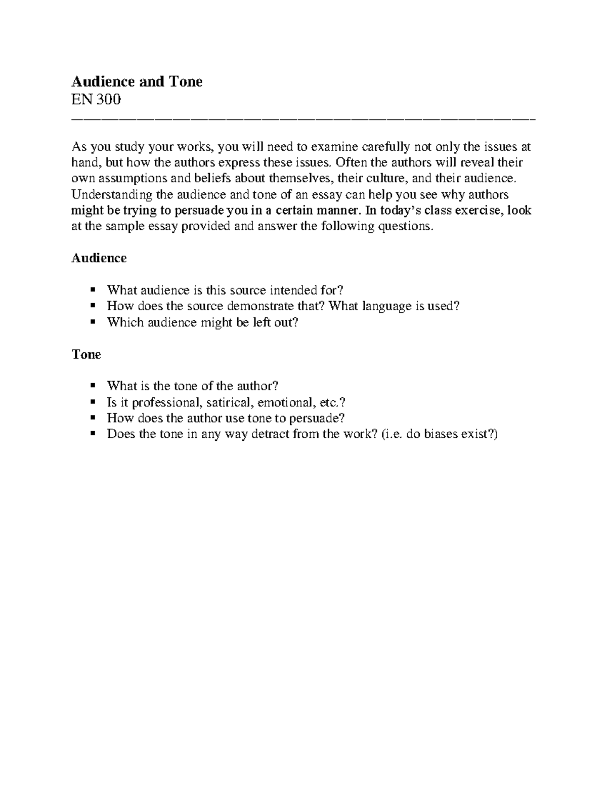 Audience and Tone - practice help - Audience and Tone EN 300 As you ...