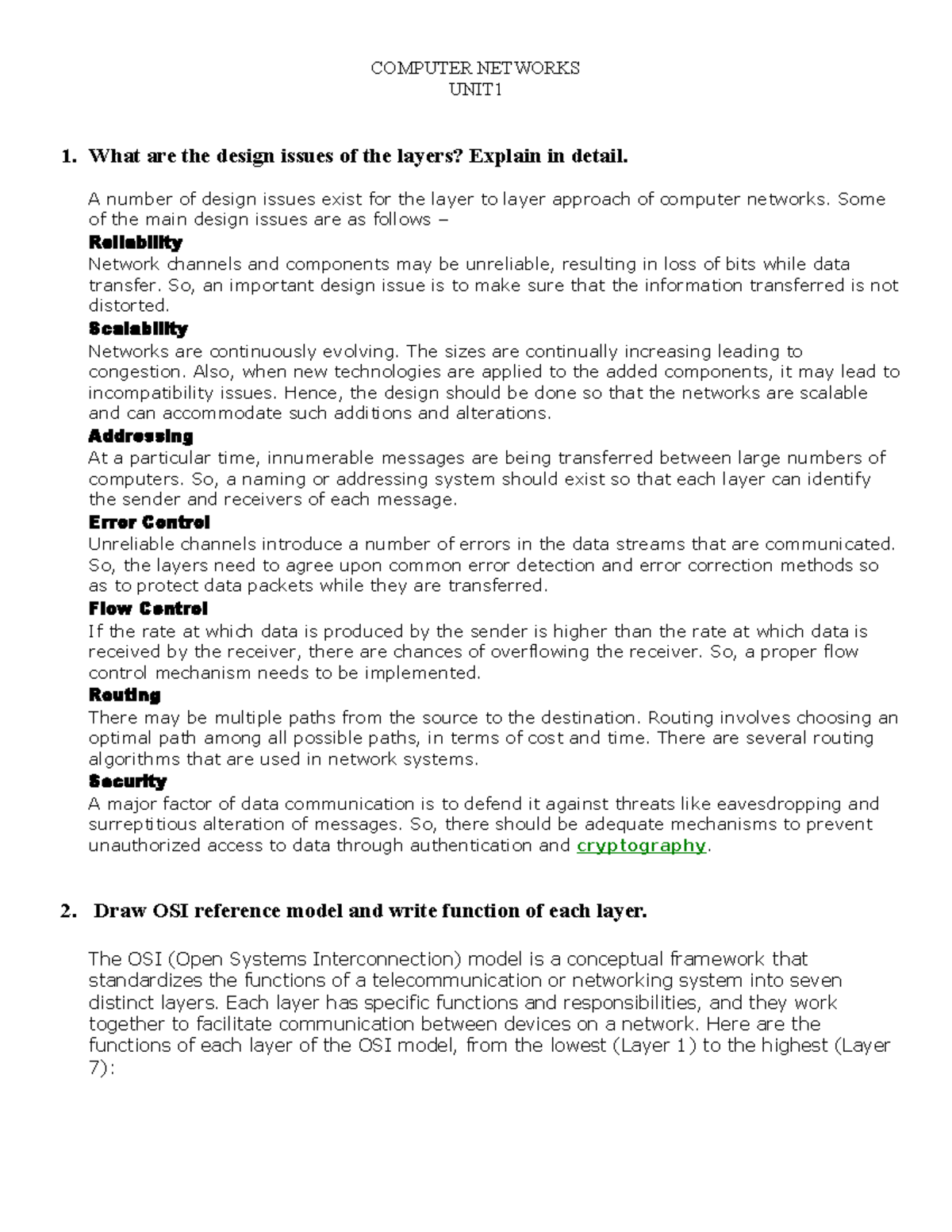 CN U1 2 - COMPUTER NETWORKS UNIT 1. What are the design issues of the ...