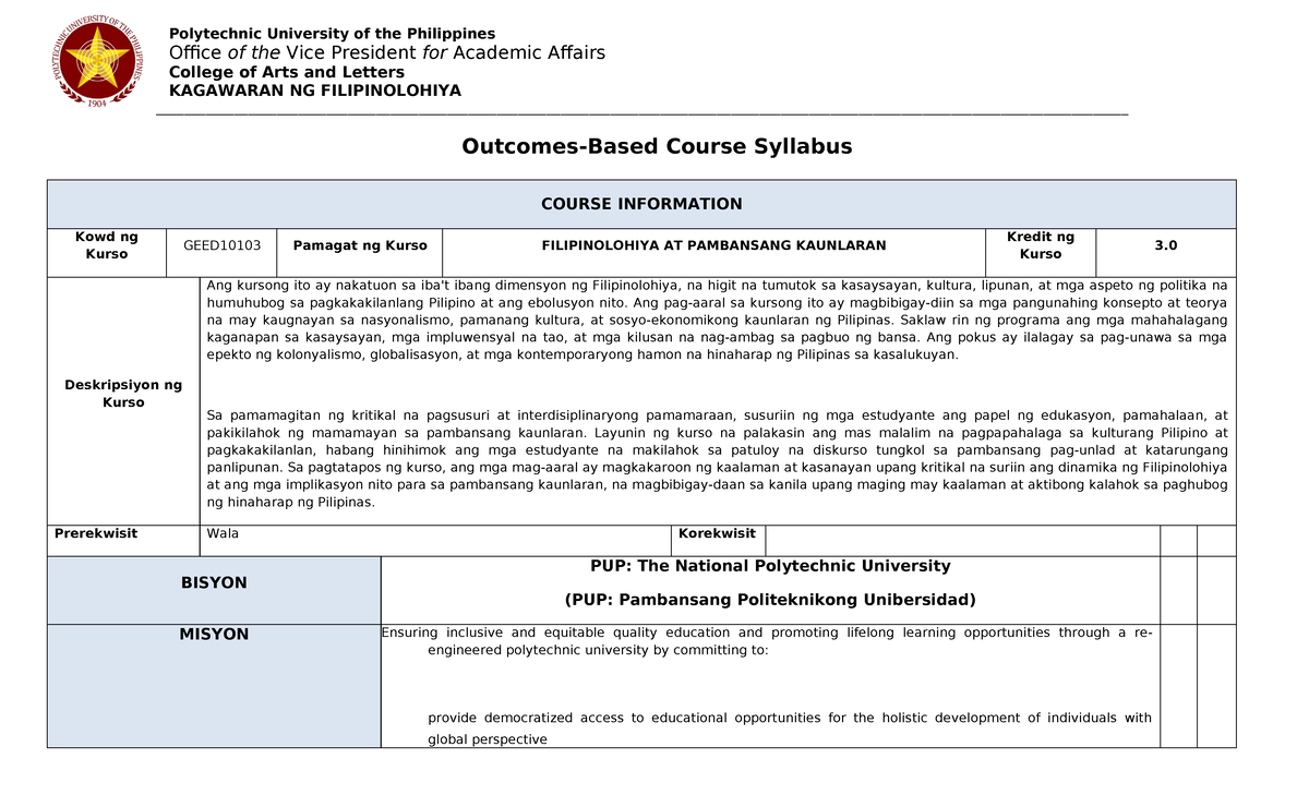 2023 OBTL-Syllabi Filipinolohiya-at-Pambasnag-Kaunlaran - Office of the ...