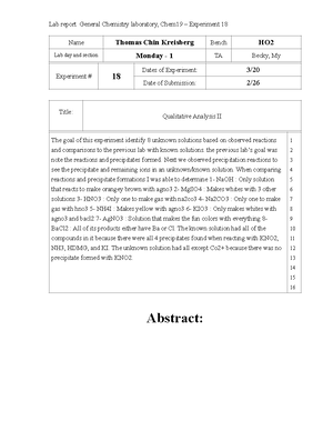 Lab 3 Prelab assignment submission - General Chemistry laboratory, Chem 18/19 PRELAB ASSIGNMENT ...