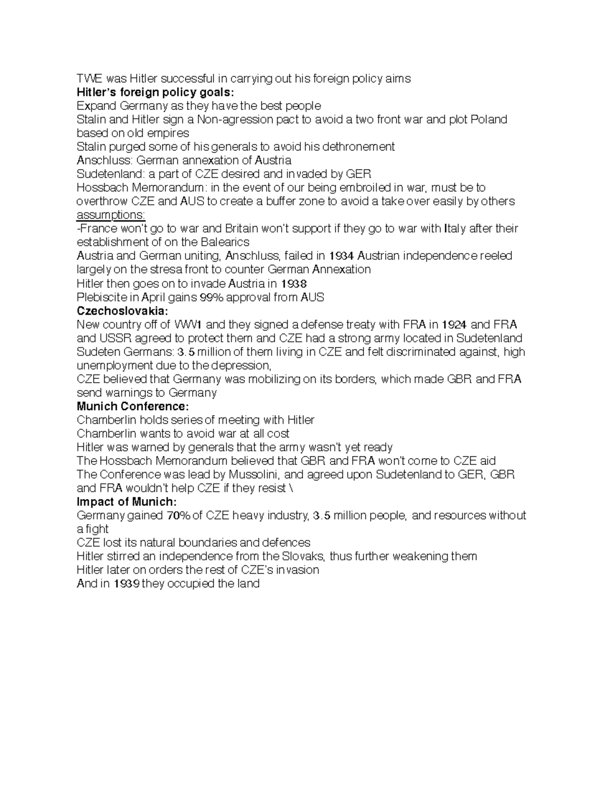 German Foreign Policy 1938~40 - TWE was Hitler successful in carrying ...