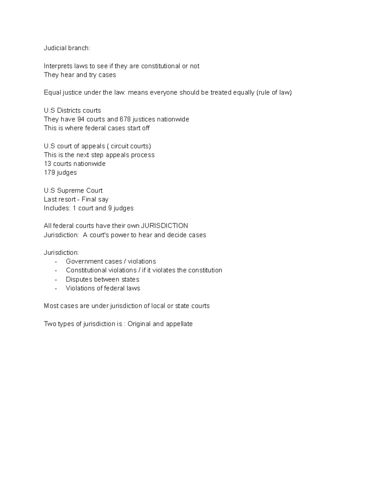 Notes for civics: Judicial branch - Judicial branch: Interprets laws to ...