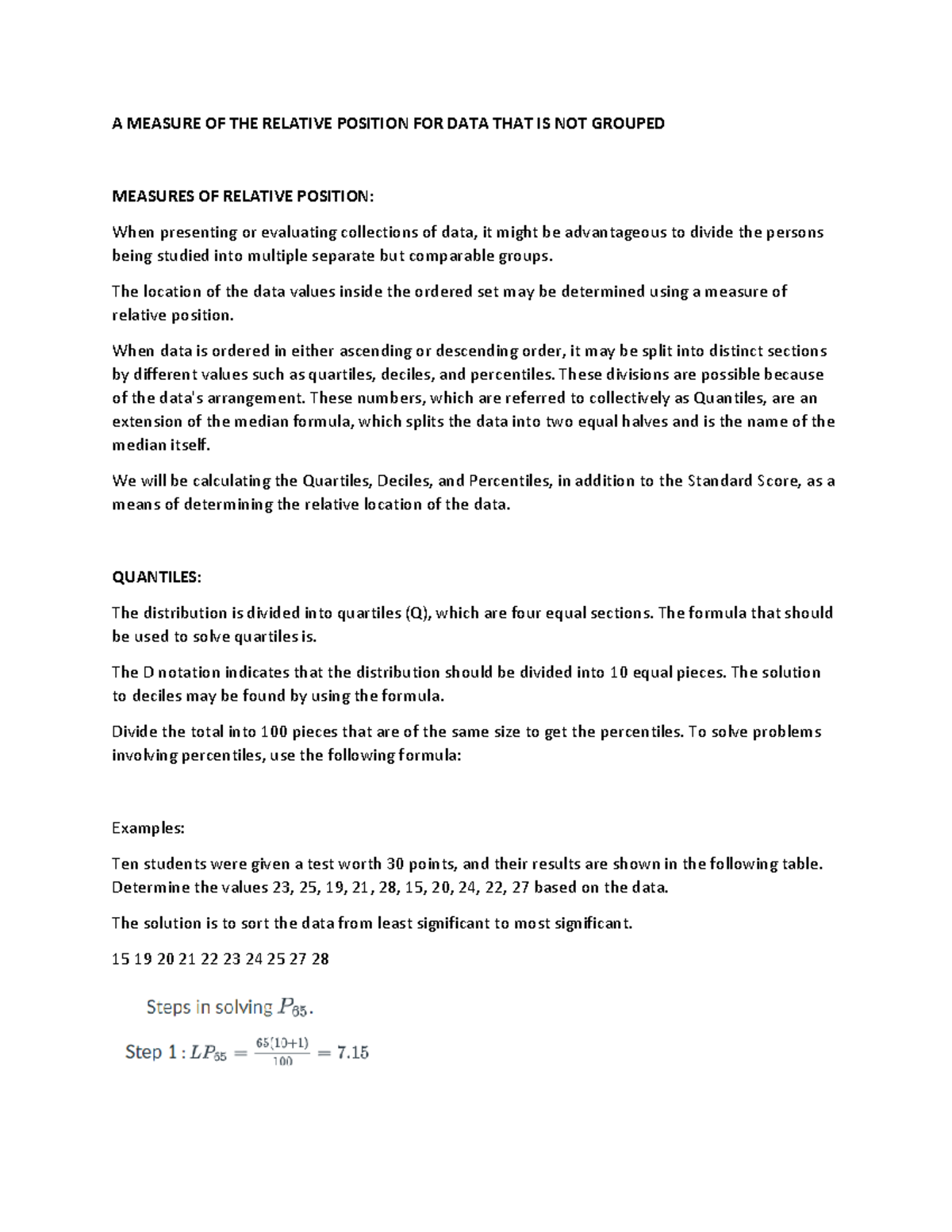 A Measure OF THE Relative Position FOR DATA THAT IS NOT Grouped - A ...