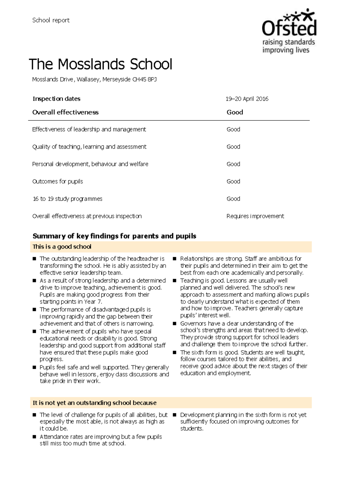 Ofsted 2016 - hello - School report The Mosslands School Mosslands ...