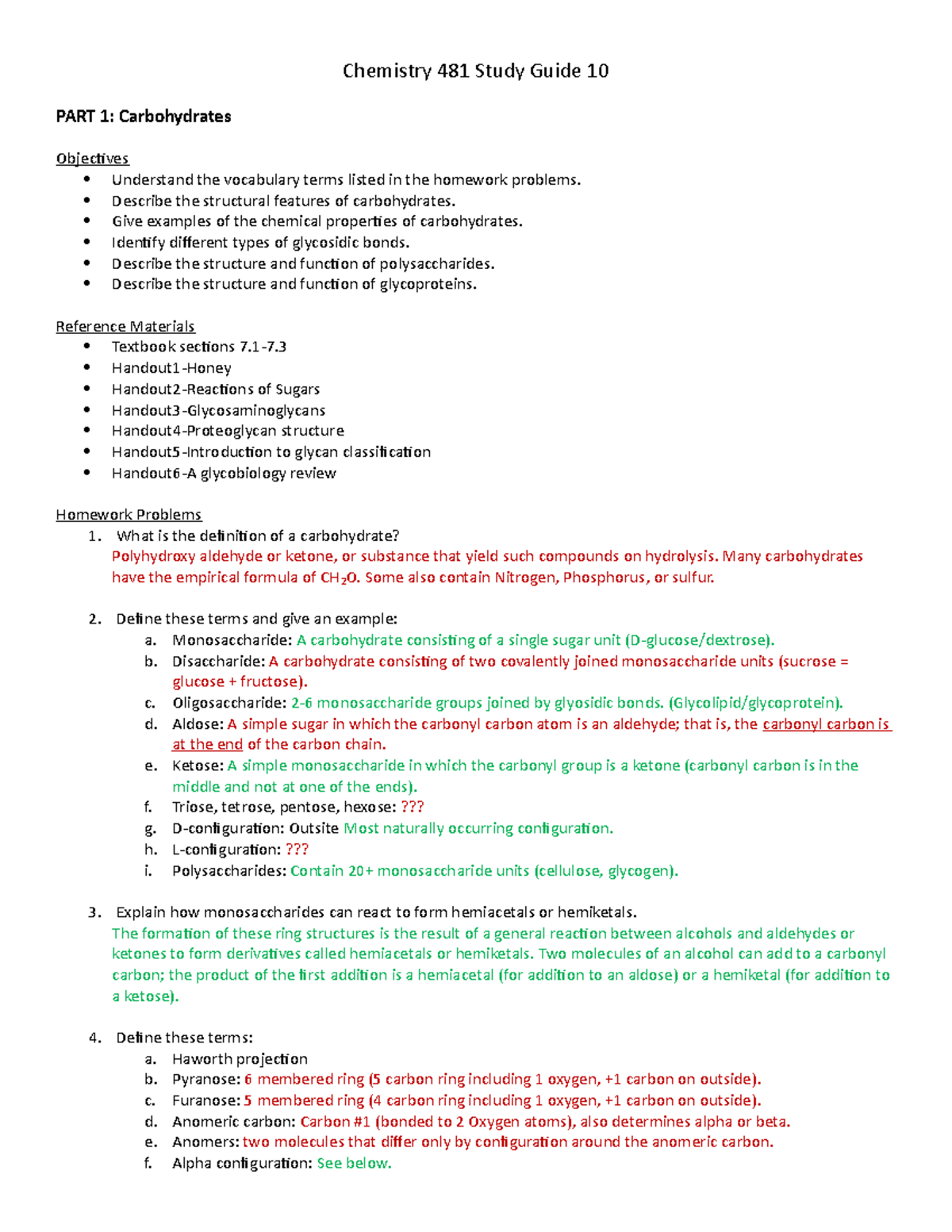 Biochem Study Guide 10 - Chemistry 481 Study Guide 10 PART 1 ...