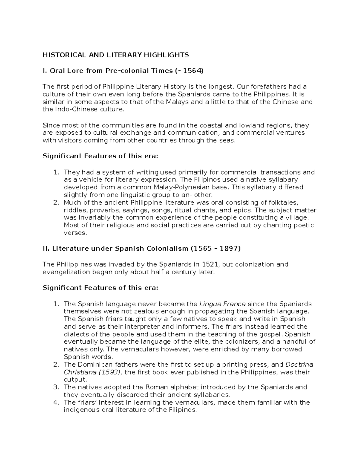 MID123 - HISTORICAL AND LITERARY HIGHLIGHTS I. Oral Lore from Pre ...