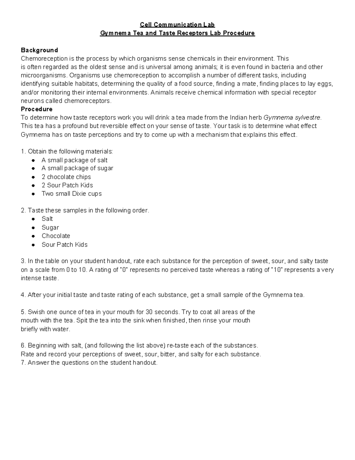 Gymnema Tea Lab Student Instruction +Data sheet 20 - Cell Communication ...