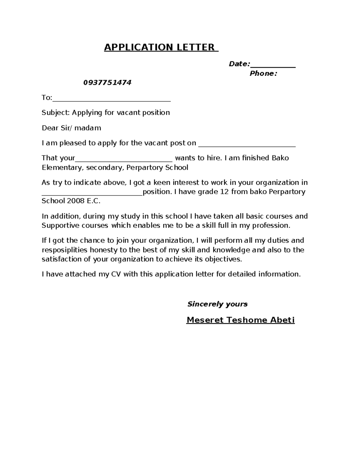 Application Letter - dddd - APPLICATION LETTER Date:_____________ Phone ...
