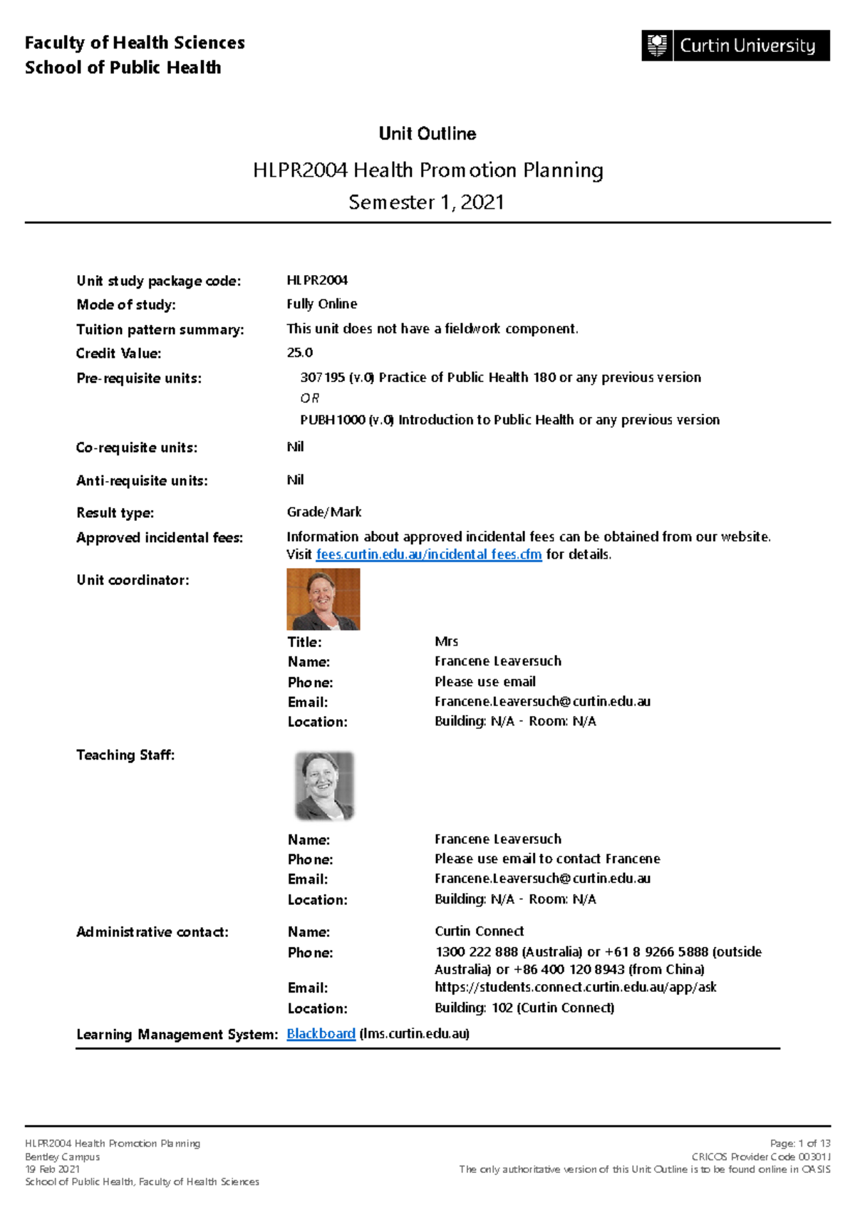 HLPR2004 Health Promotion Planning Semester 1 2021 Unit Outline - Unit ...