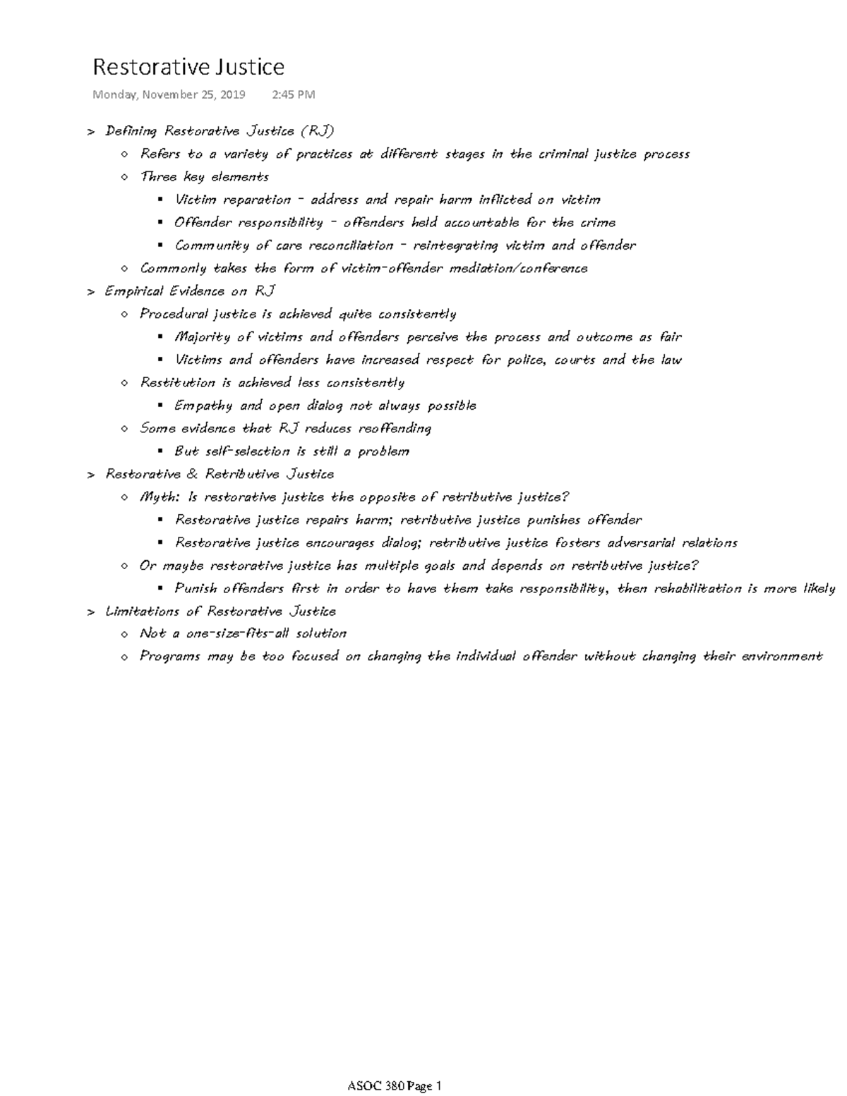 Restorative Justice - Lecture notes 22 - Refers to a variety of ...