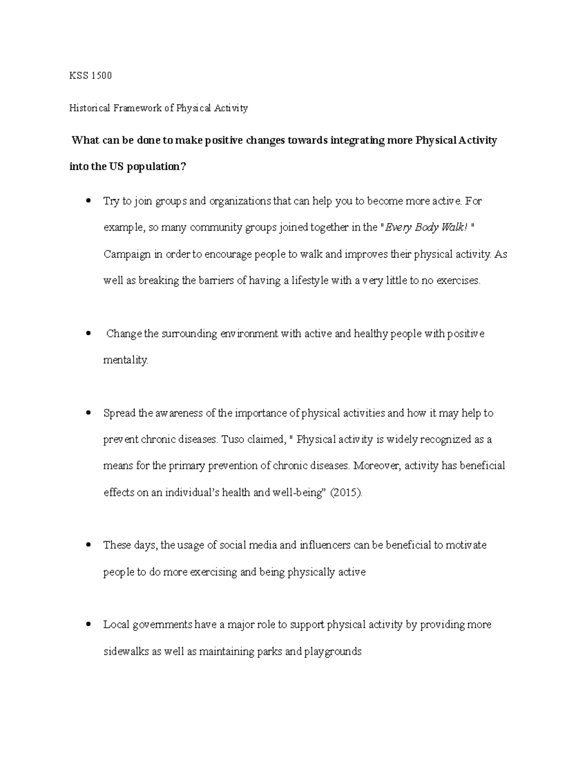 Historical Framework of Physical Activity - KSS 1500 Historical ...