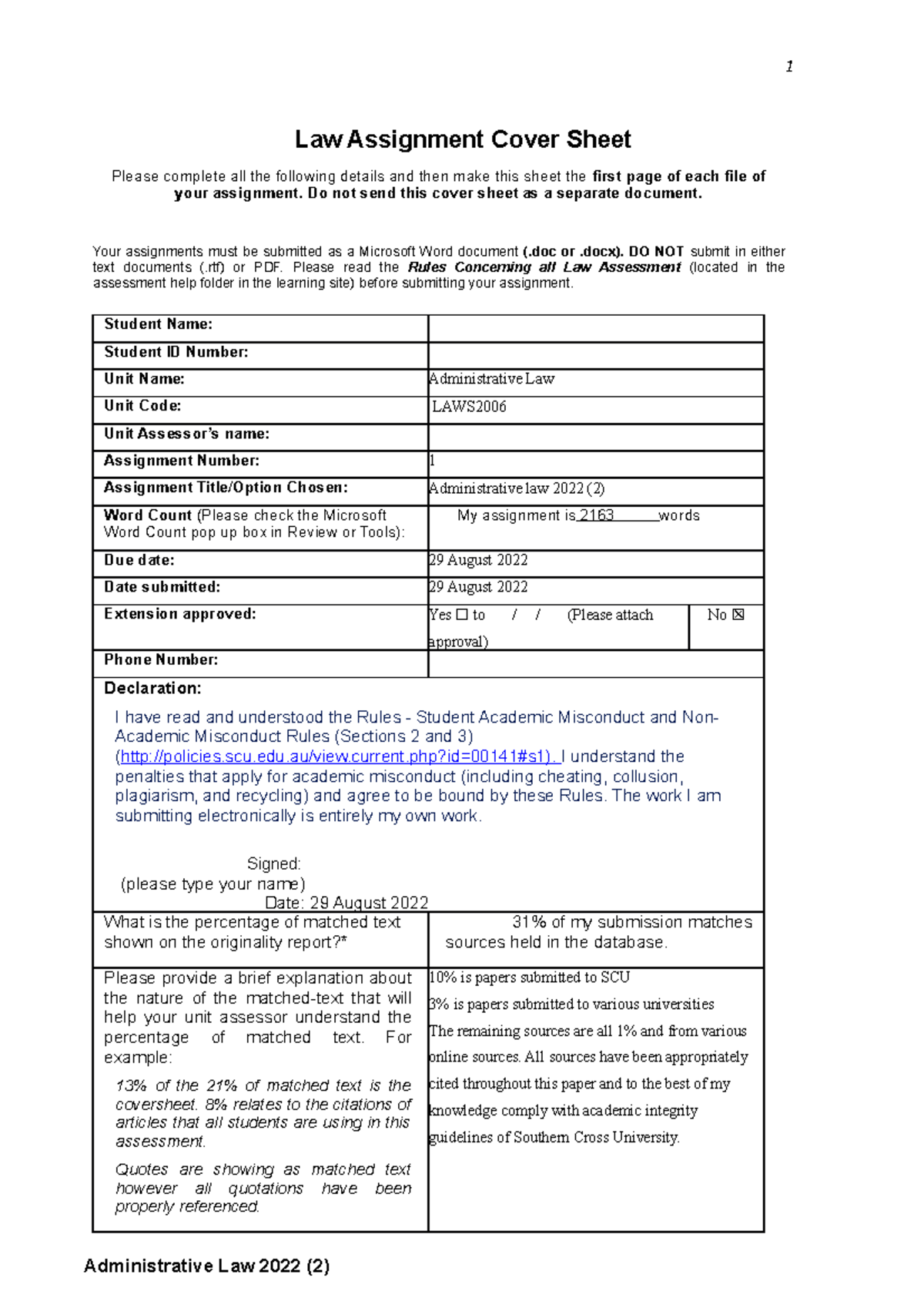 Admin Law 2 - HD Answer - Law Assignment Cover Sheet Please complete ...