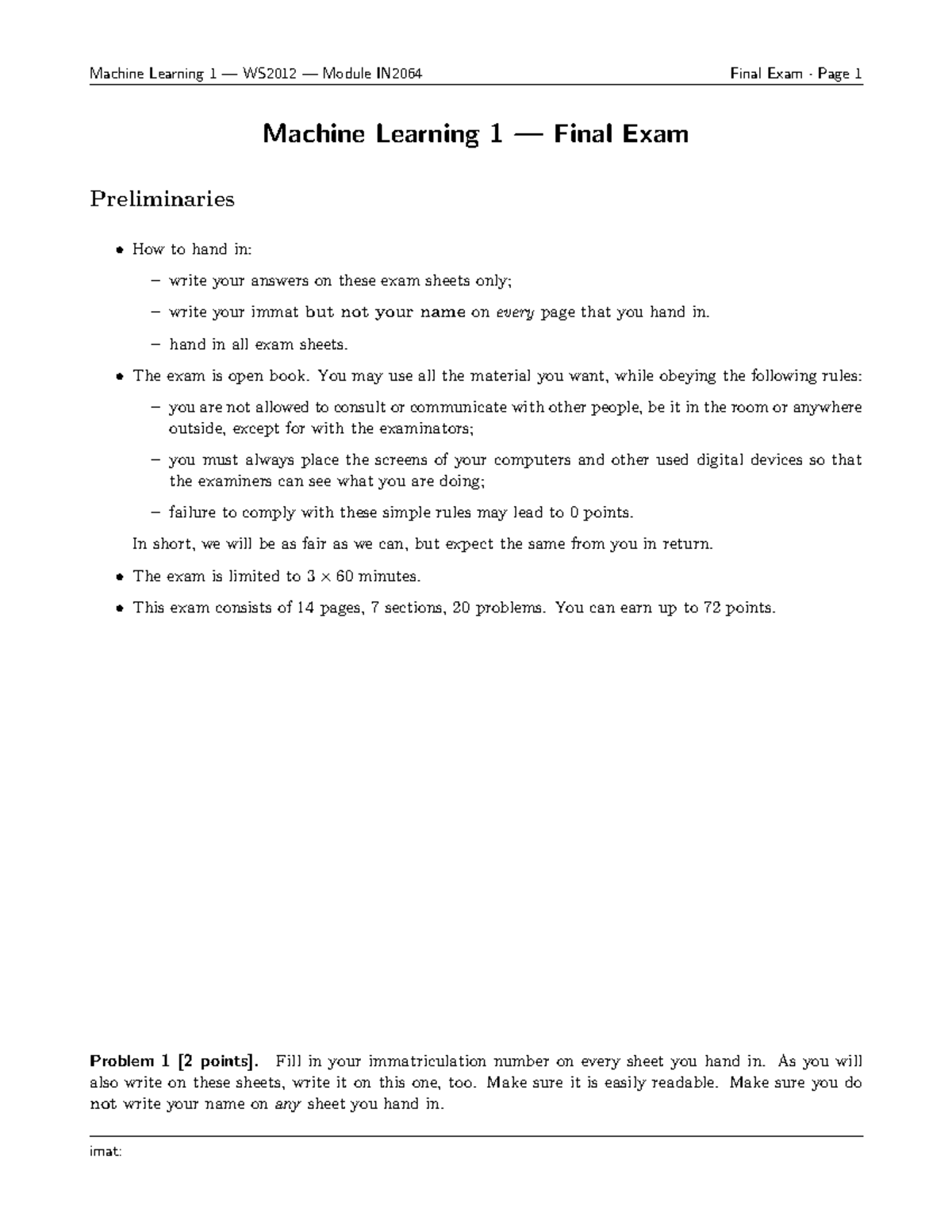 Ml1-final 2012-solutions - Machine Learning 1 — WS2012 — Module IN2064 Final Exam · Page 1 ...