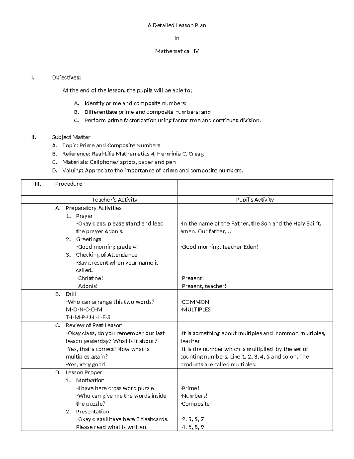 497221807 Math 4 LP format - A Detailed Lesson Plan in Mathematics– IV ...
