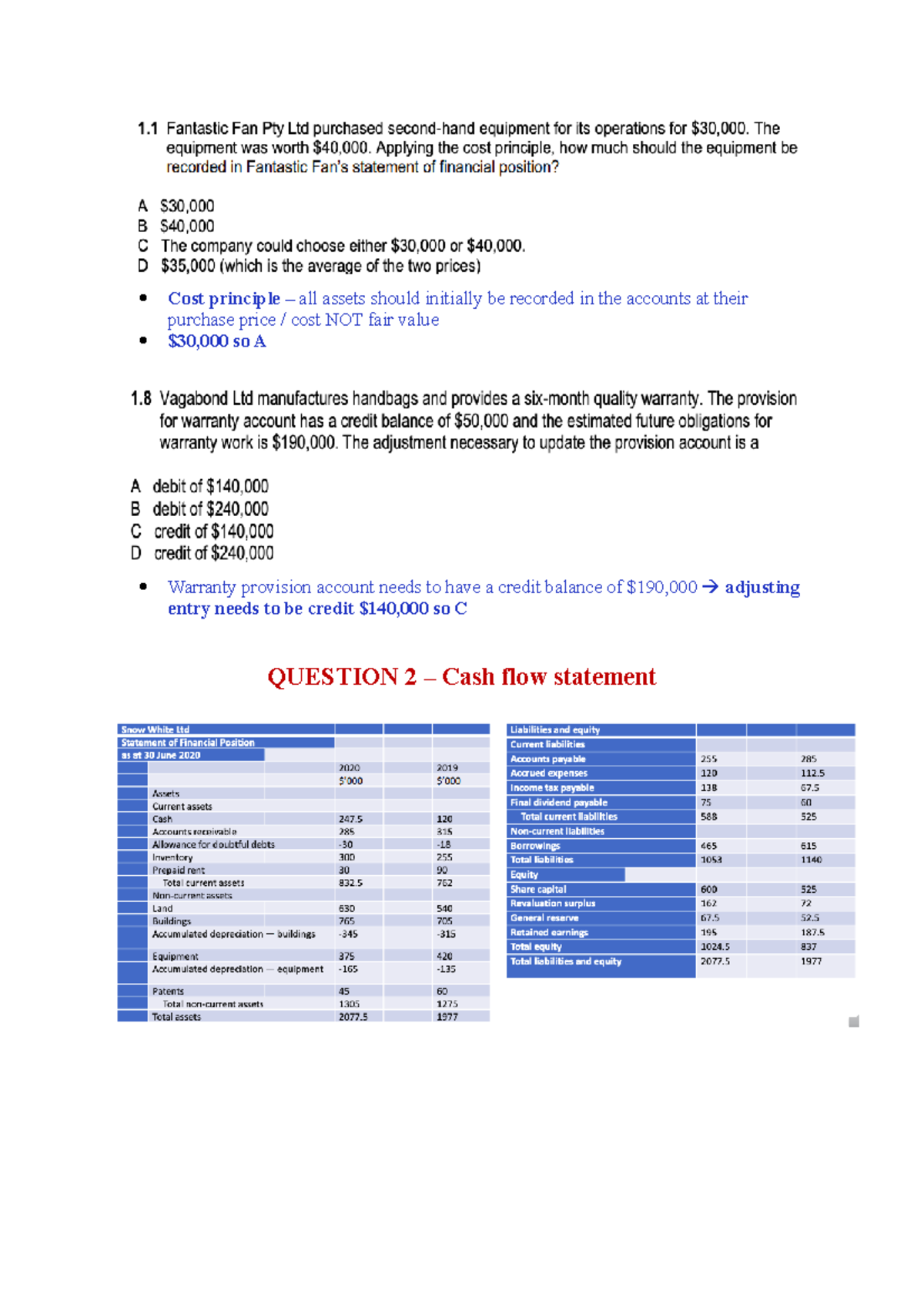 IFA1 Lecture 12 Past Exam Questions - Cost principle – all assets ...