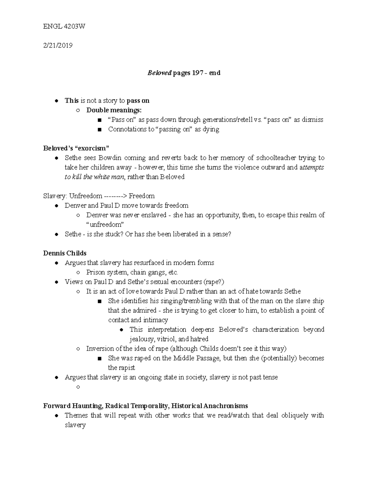 Beloved, Toni Morrison Notes III - ENGL 4203W 2/21/ Beloved pages 197 ...