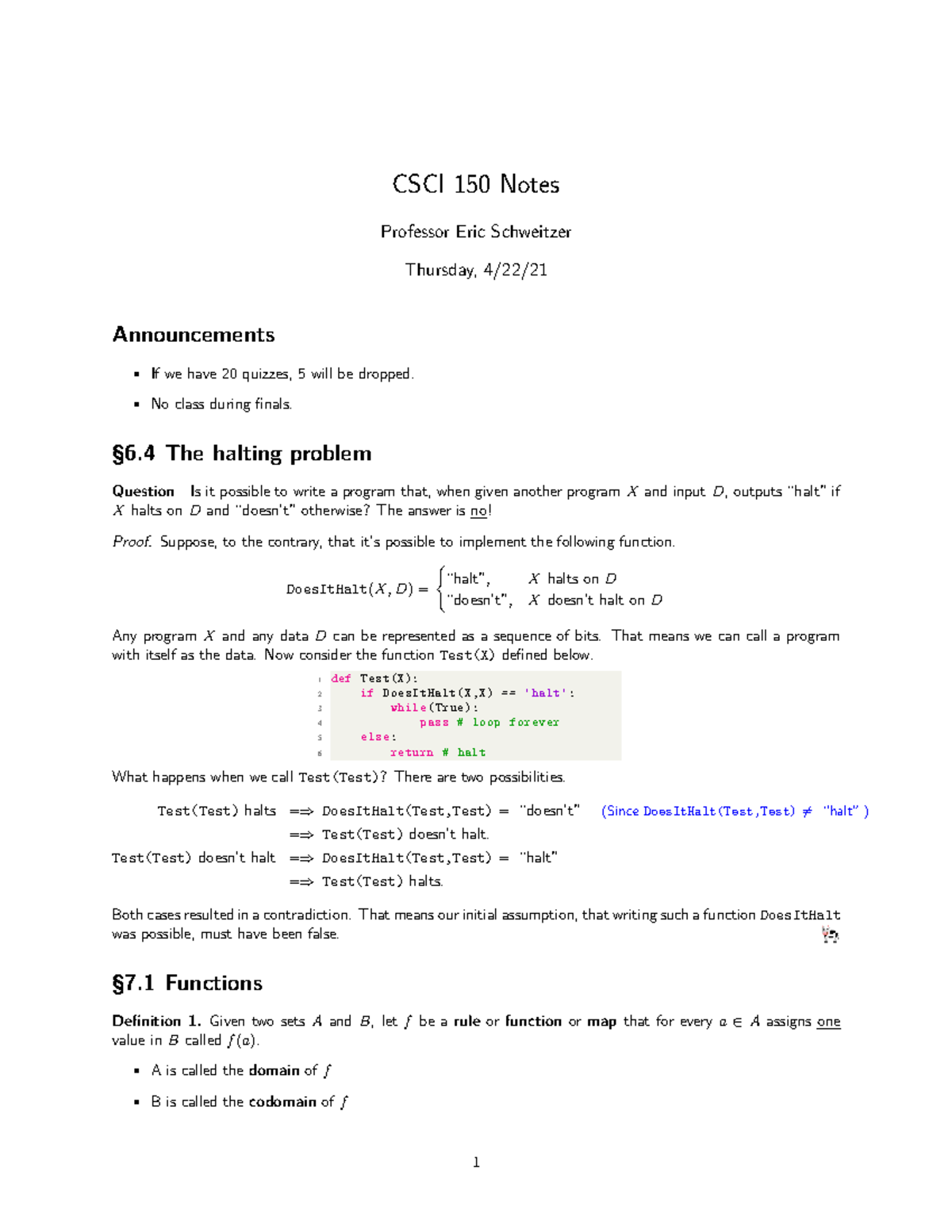 Csci 150 Notes 4 22 Csci 150 Notes Professor Eric Schweitzer Thursday 422 Announcements If 