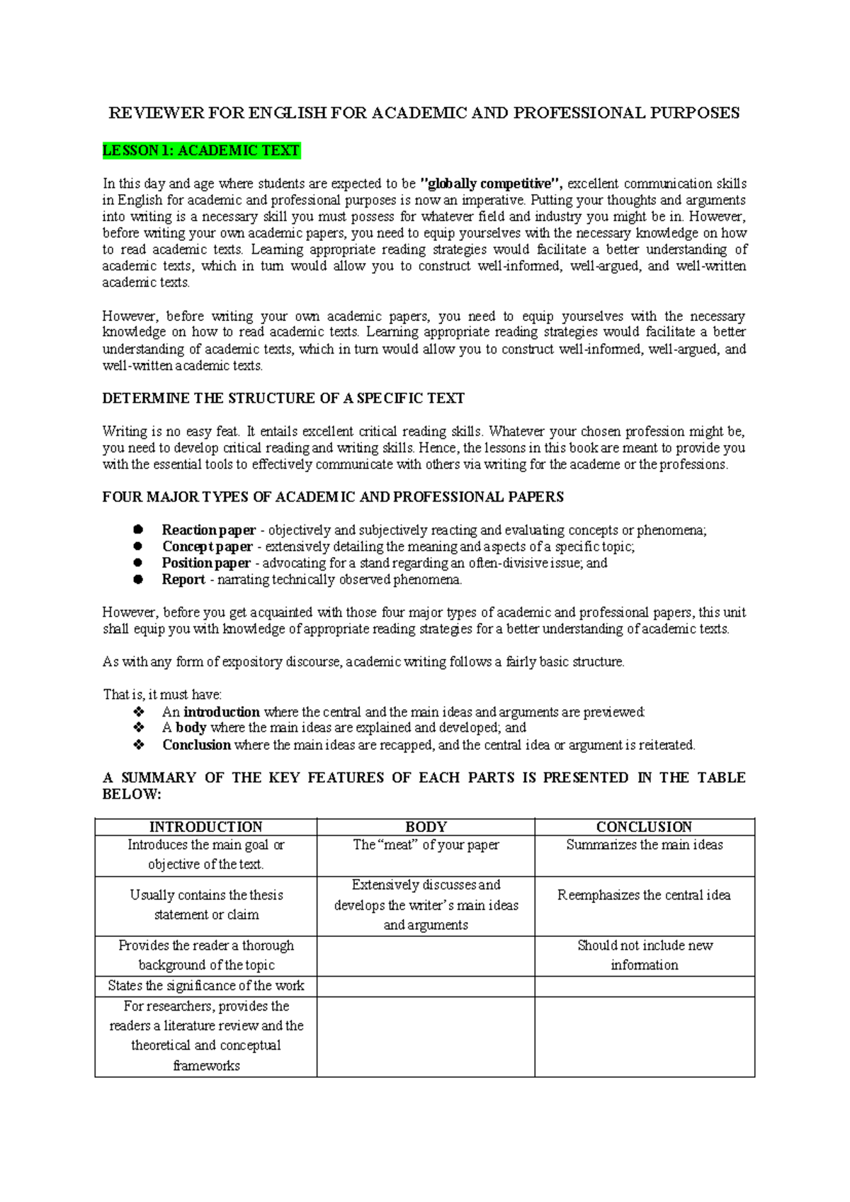 Pdfcoffee - Summary 逻辑思维训练手册 - REVIEWER FOR ENGLISH FOR ACADEMIC AND PROFESSIONAL PURPOSES ...