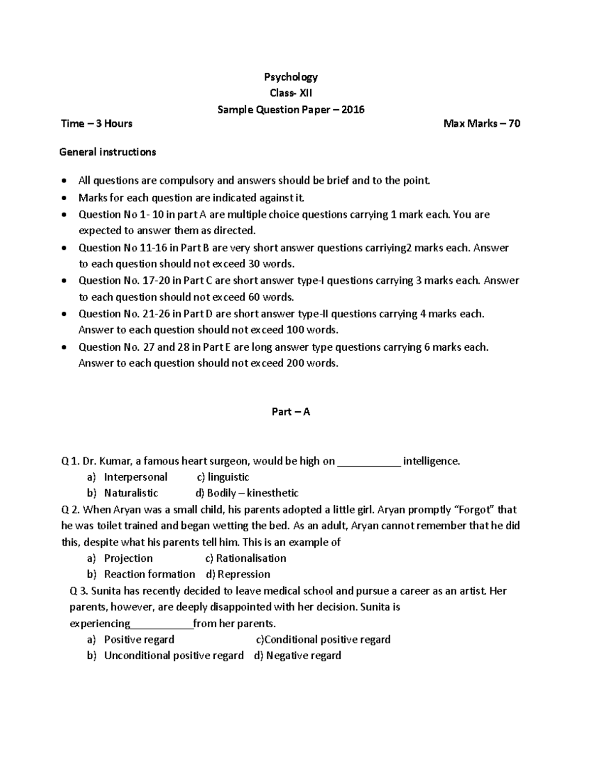 CBSE Class 12 Sample Paper Psychology 2016 - Psychology Class- XII ...