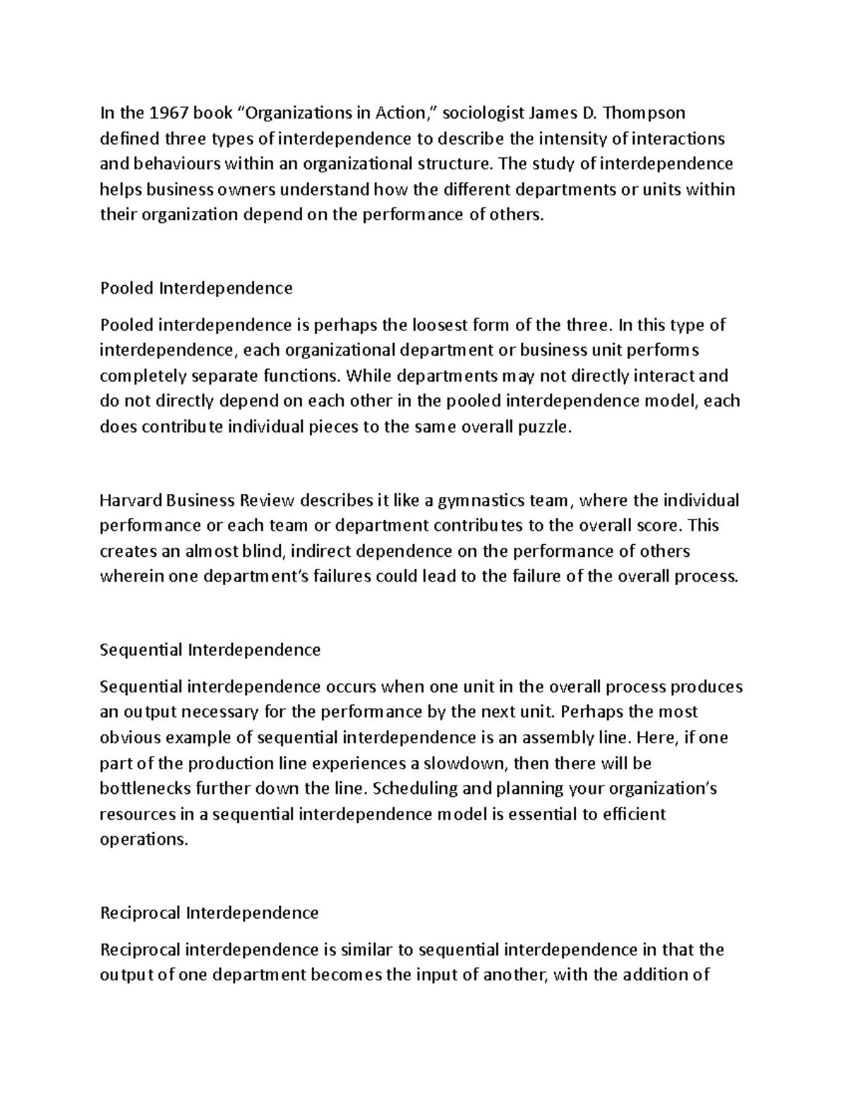 Interdependence and its types - In the 1967 book “Organizations in ...