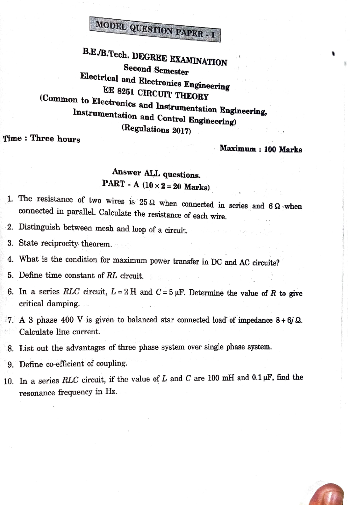 Electric circuit question paper - MODEL QUESTION PAPER L Time :Three ...
