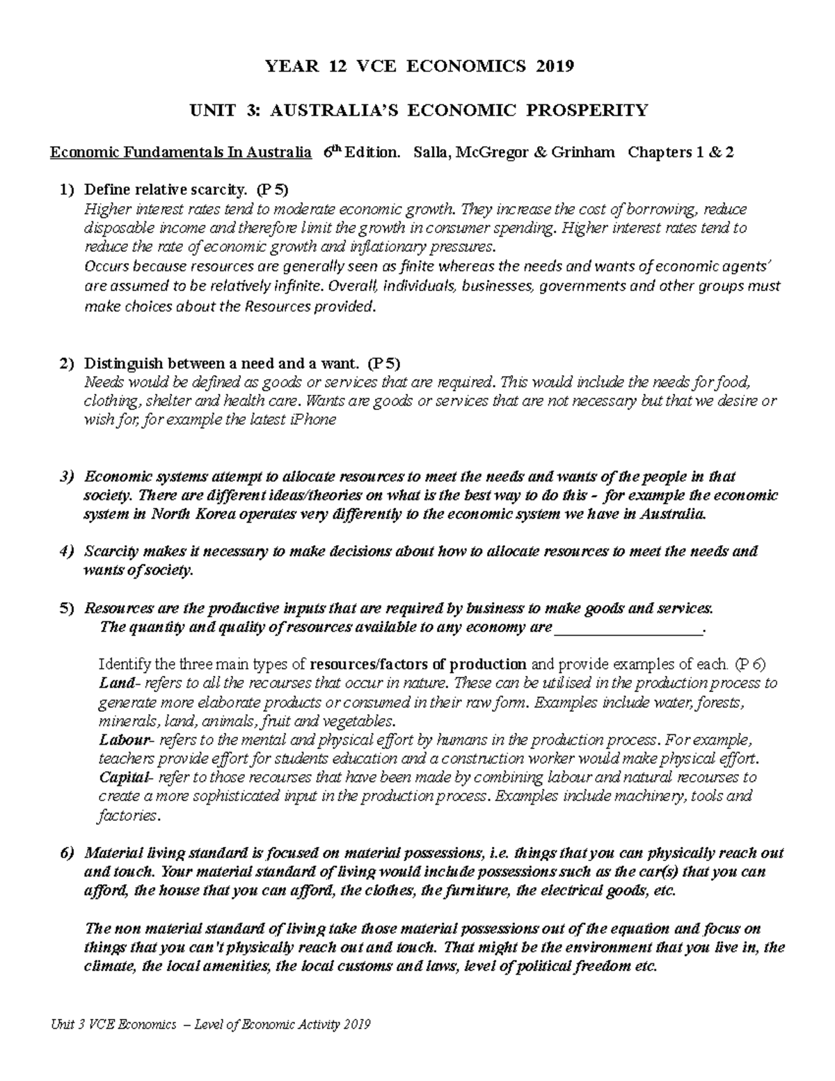 Economics topic outline 1 - YEAR 12 VCE ECONOMICS 2019 UNIT 3 ...