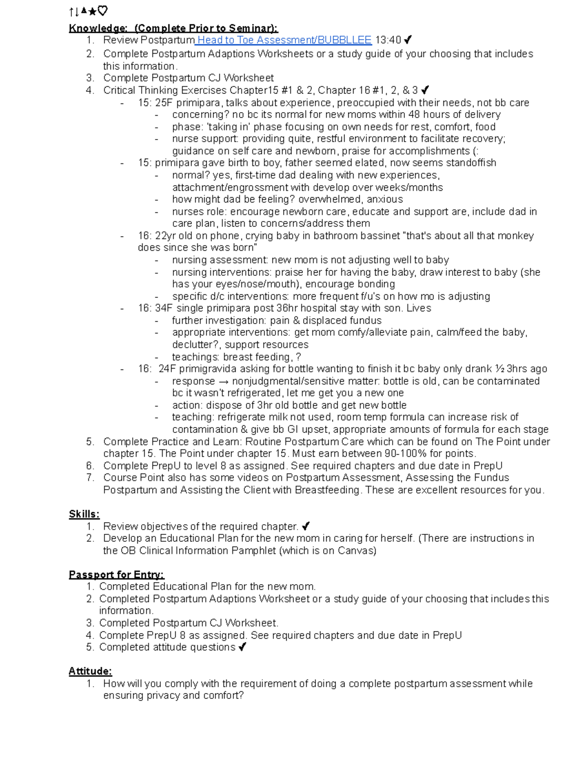 Postpartum OB . - ↑↓ᅀ⭑♡ Knowledge: (Complete Prior to Seminar): 1 ...
