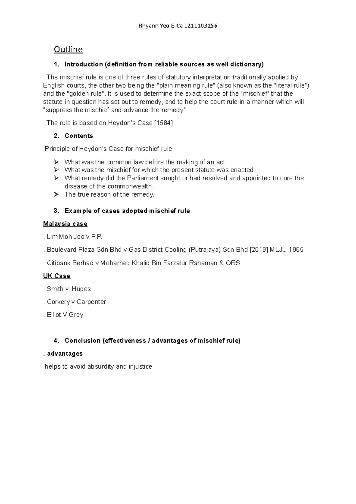 ITL Tutorial Mischief Rule - Rhyann Yeo E-Ca 1211103256 Outline ...