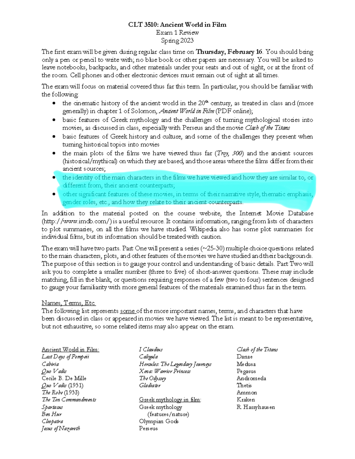 Exam1-Review-Sp23 - Exam 1 study guide - CLT 3510: Ancient World in ...
