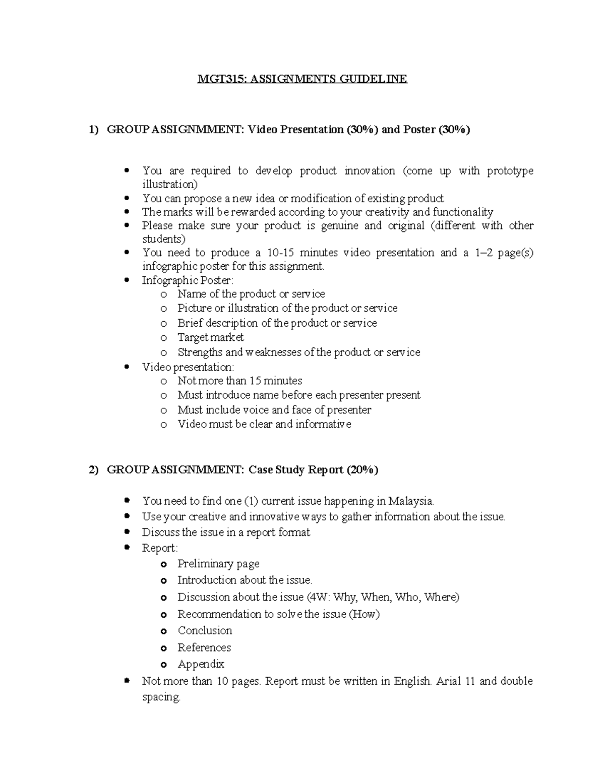 MGT315 Assignment Guidelines - MGT315: ASSIGNMENTS GUIDELINE 1) GROUP ...