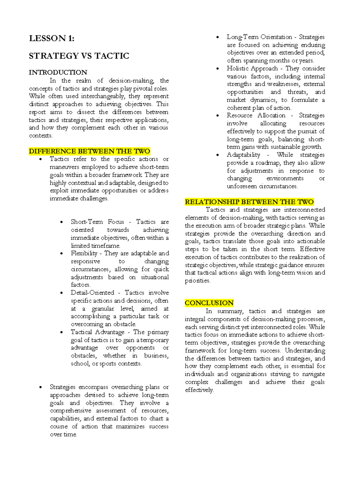 Strat MAN Reporting 1 5 - LESSON 1: STRATEGY VS TACTIC INTRODUCTION In ...