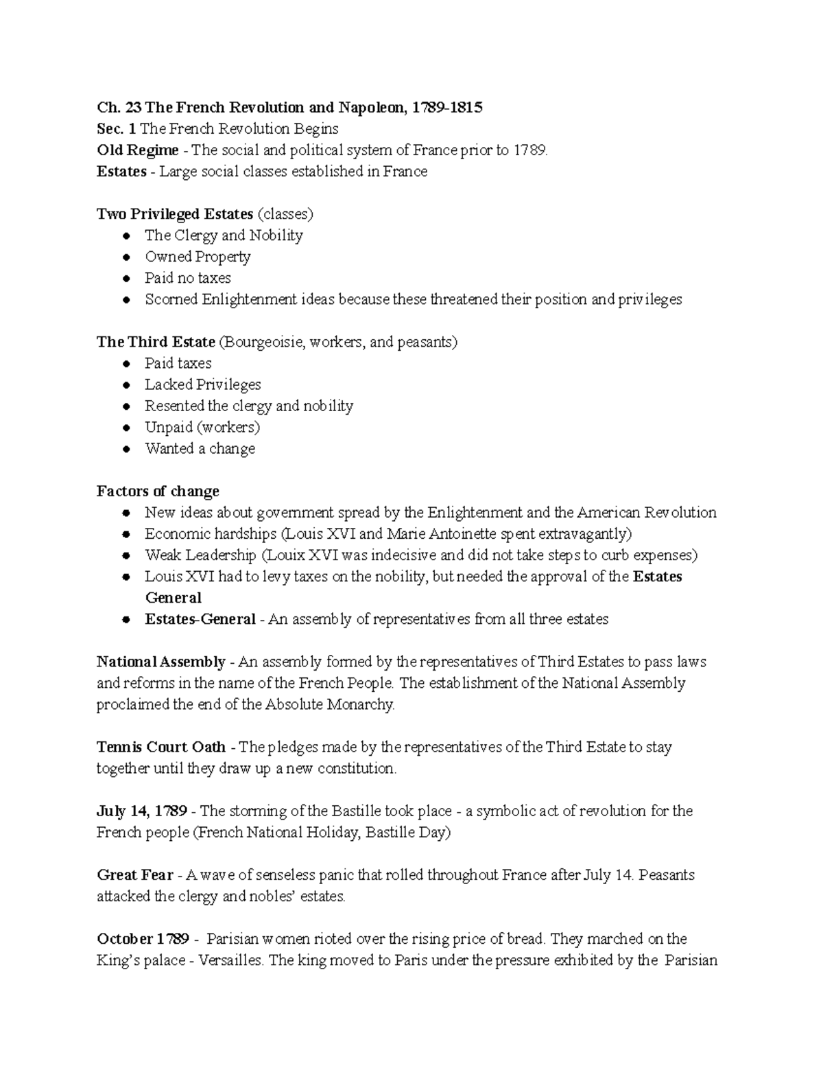 WH Ch. 23 Notes - Ch. 23 The French Revolution and Napoleon, 1789- Sec ...