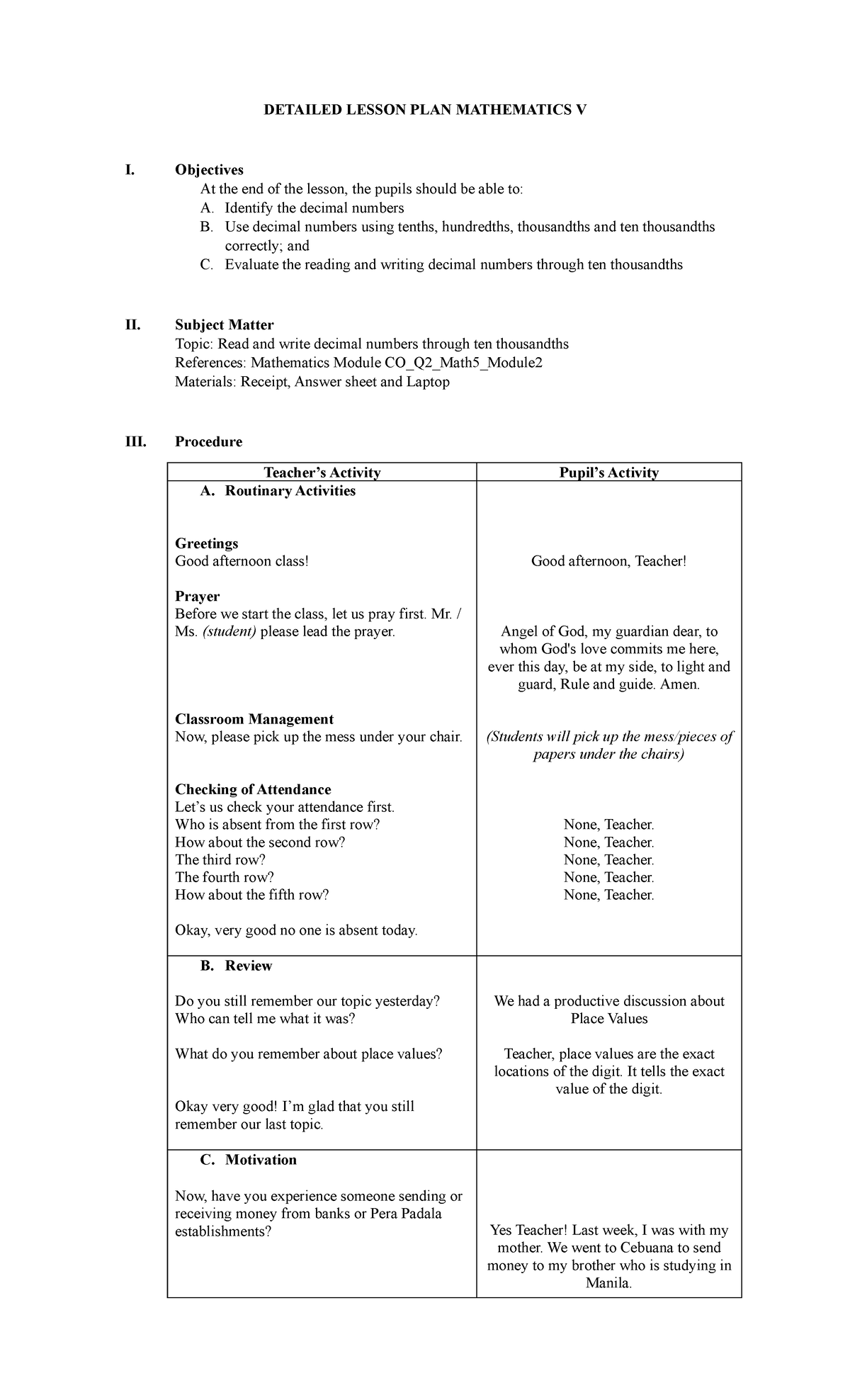 Detailed Lesson PLAN Mathematics V - DETAILED LESSON PLAN MATHEMATICS V ...
