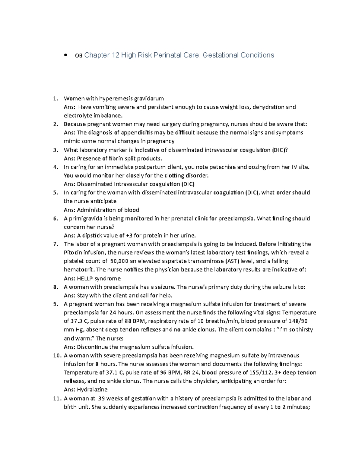 CH 12 - KSDJB - OB Chapter 12 High Risk Perinatal Care: Gestational ...