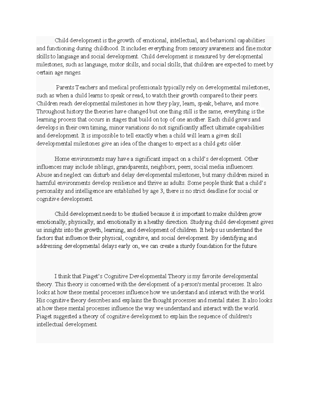 Week One Short Paper - Child development is the growth of emotional ...