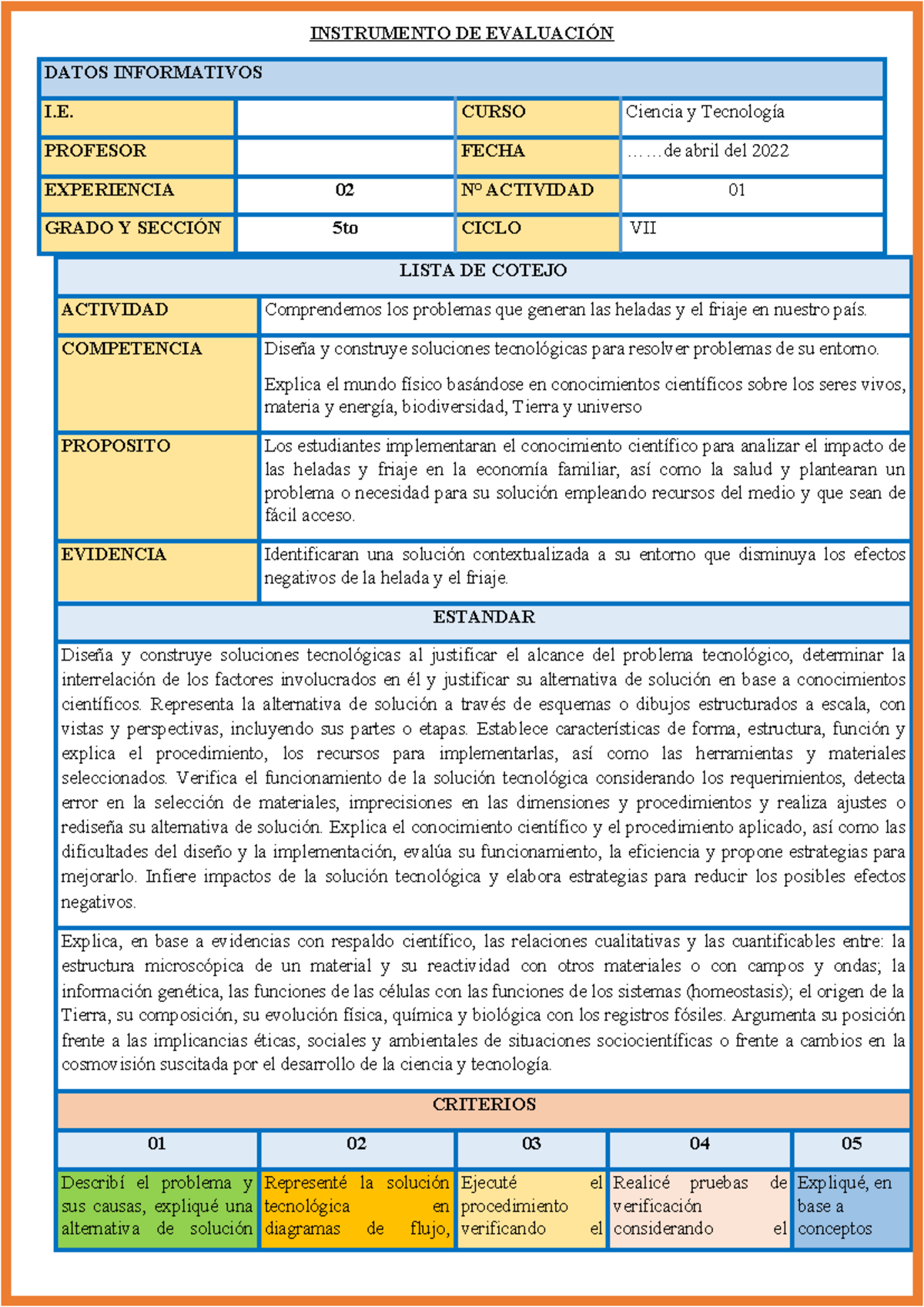 (5TO) 2 Instrumento DE EVAL DE CYT - INSTRUMENTO DE EVALUACIÓN DATOS INFORMATIVOS I. CURSO ...