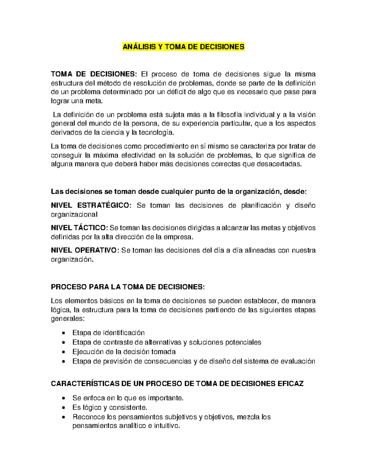 Resumen Gestion PDF 1 Corte - ANÁLISIS Y TOMA DE DECISIONES TOMA DE DECISIONES: El proceso de ...