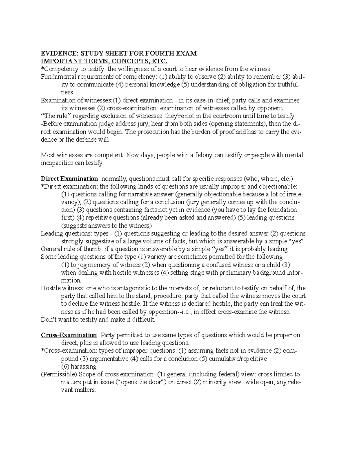 Evidence study sheet 4 - Lecture notes 8-10 - EVIDENCE: STUDY SHEET FOR ...