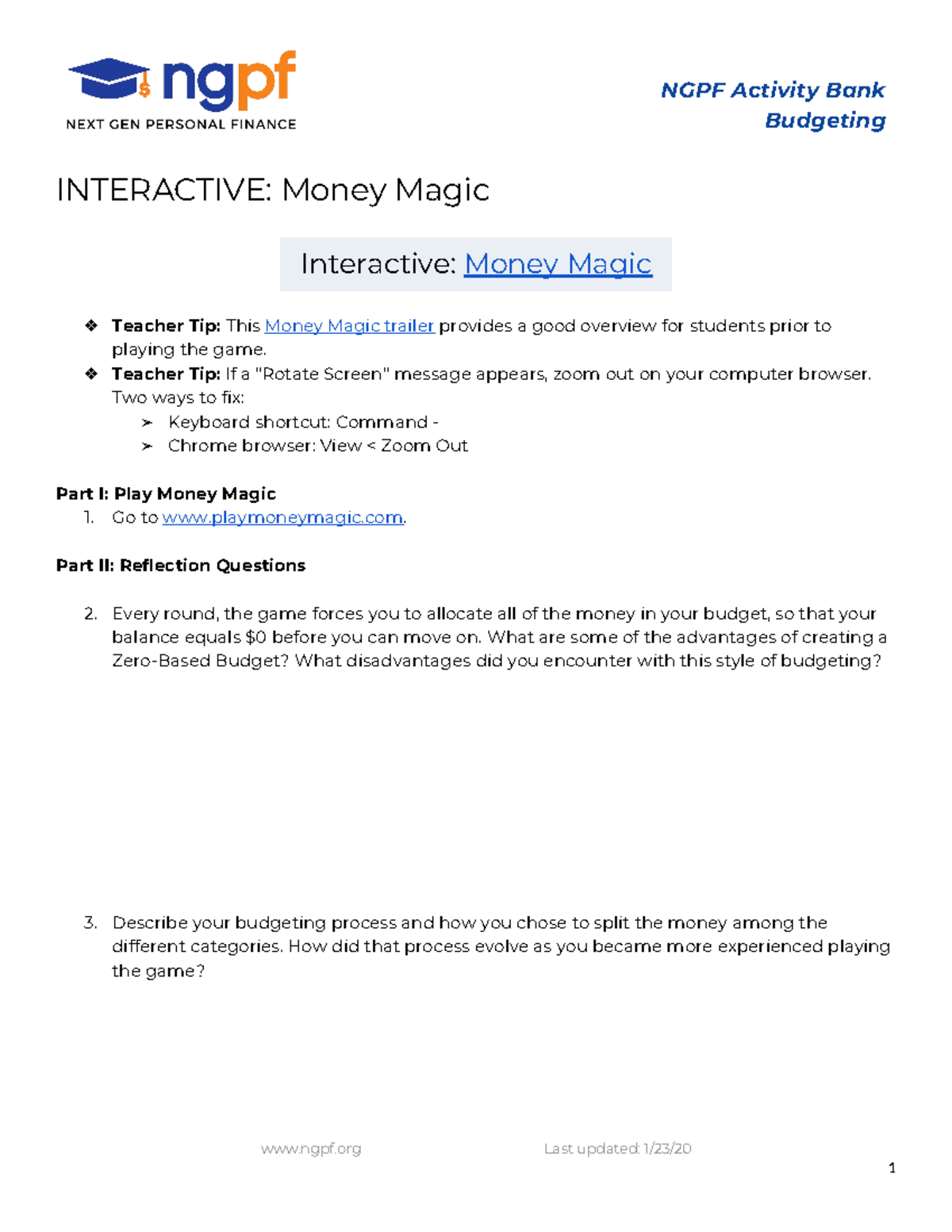 Interactive Money Magic - NGPF Activity Bank Budgeting INTERACTIVE ...