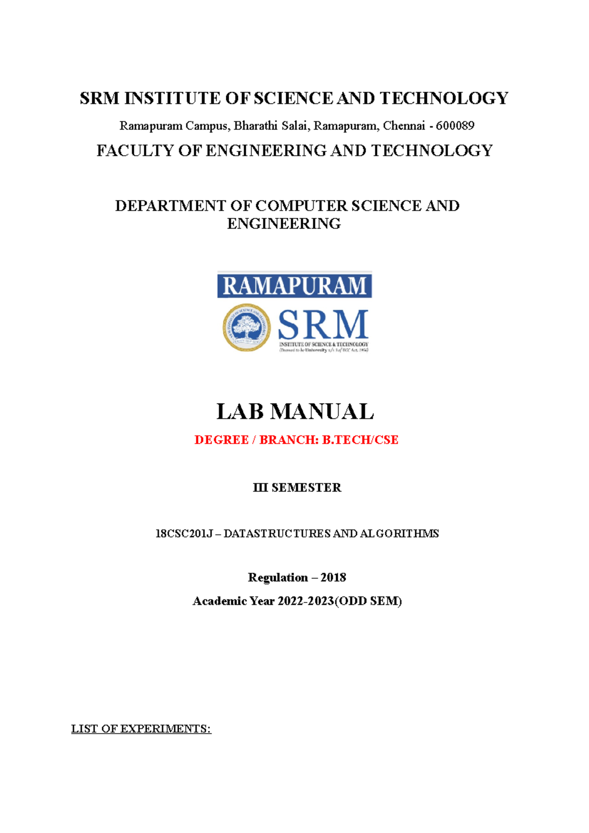 18CSC201J-DSA LAB Manual - SRM INSTITUTE OF SCIENCE AND TECHNOLOGY Ramapuram Campus, Bharathi ...