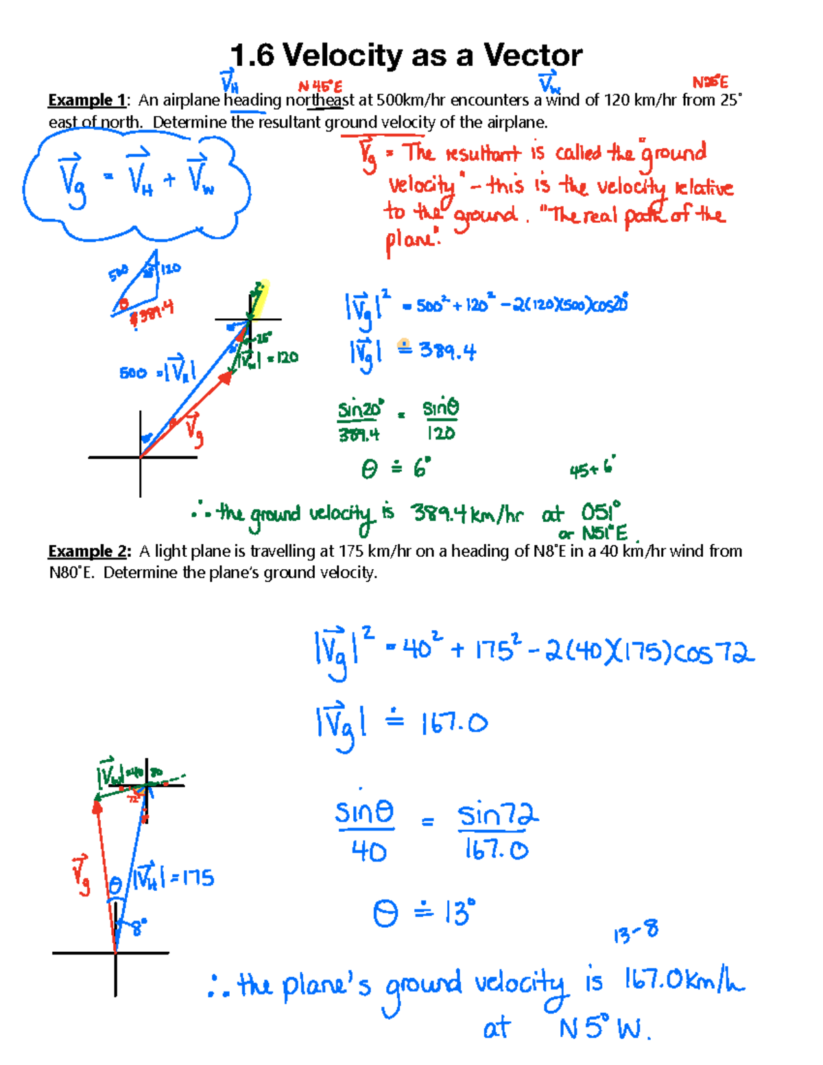 1.6 Velocity as a Vector Solutions Feb 14 - Example 1: An airplane ...