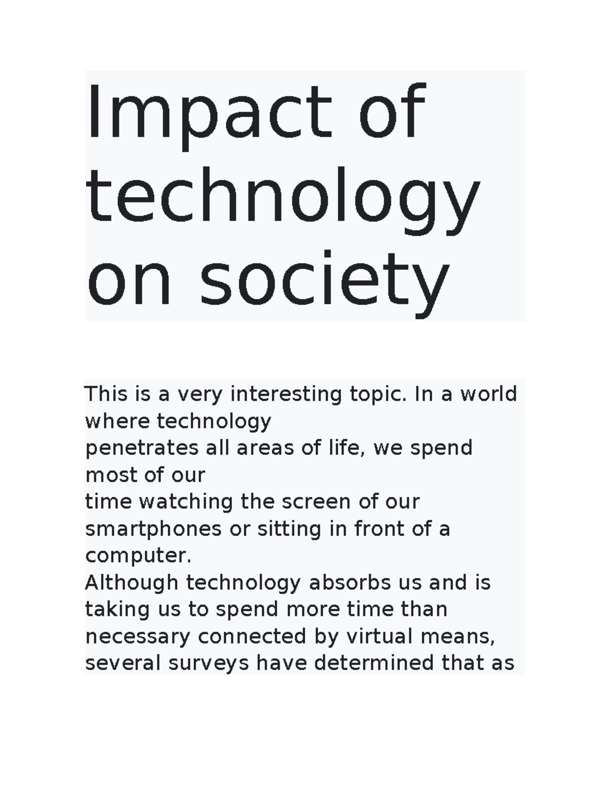 Impact of technology on society - Impact of technology on society This ...