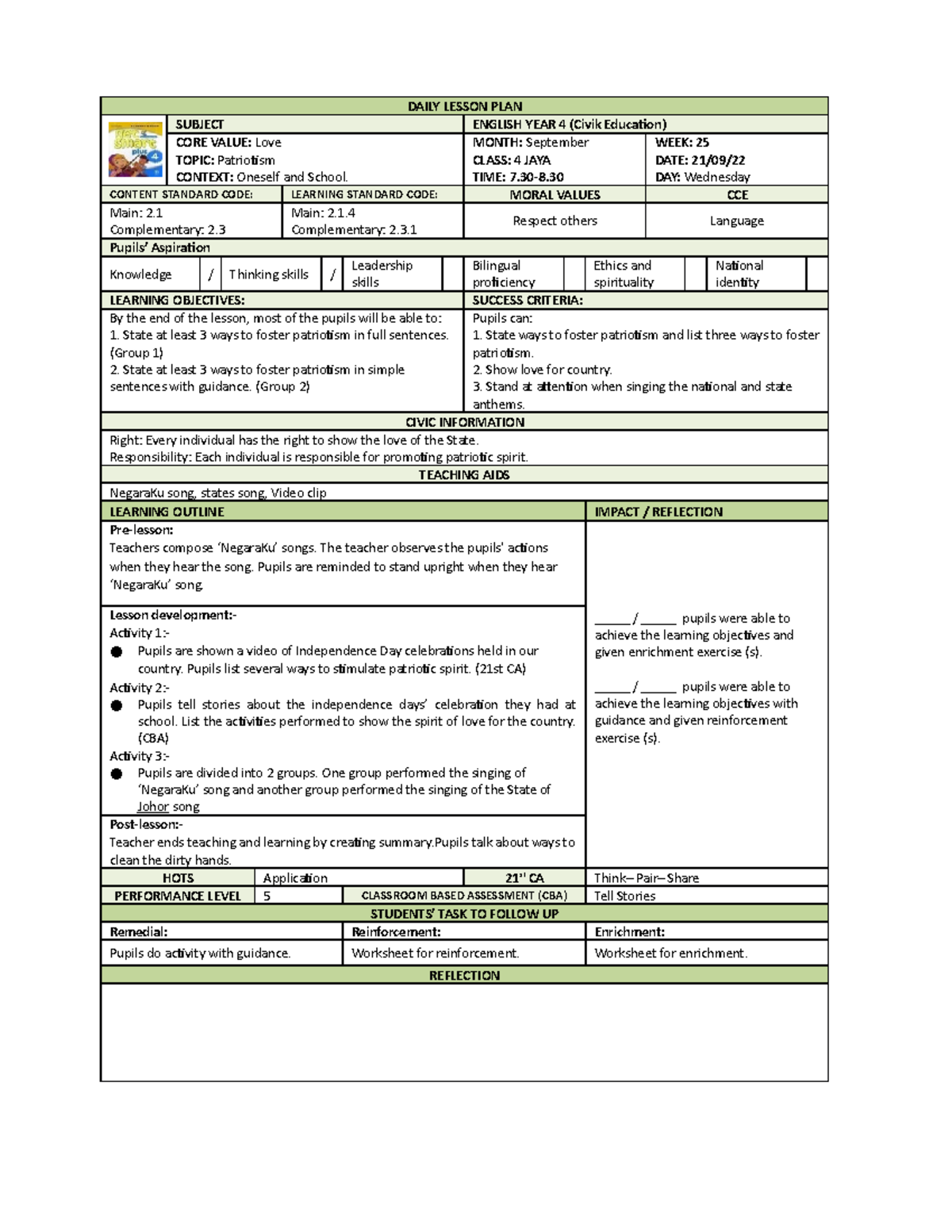 BI Y4 LP TS25 - Civic Education - DAILY LESSON PLAN SUBJECT ENGLISH ...