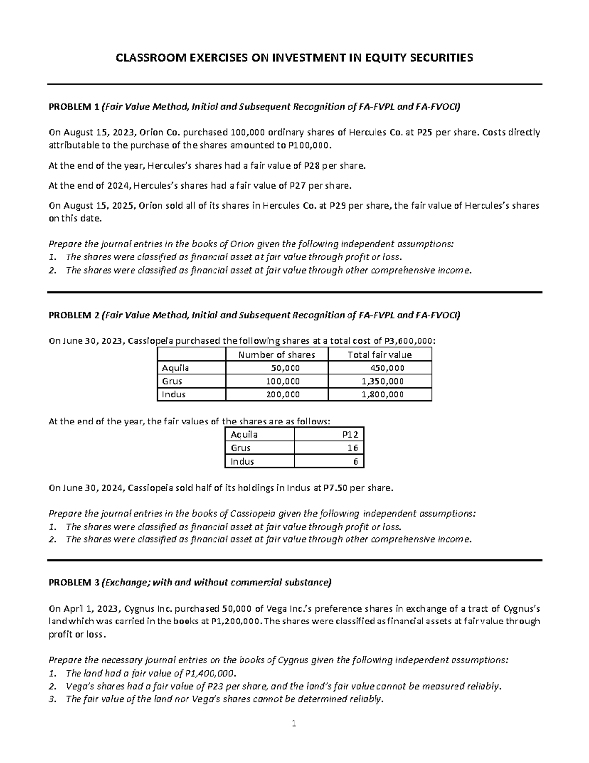 CEon Equity Securities A - 1 CLASSROOM EXERCISES ON INVESTMENT IN ...
