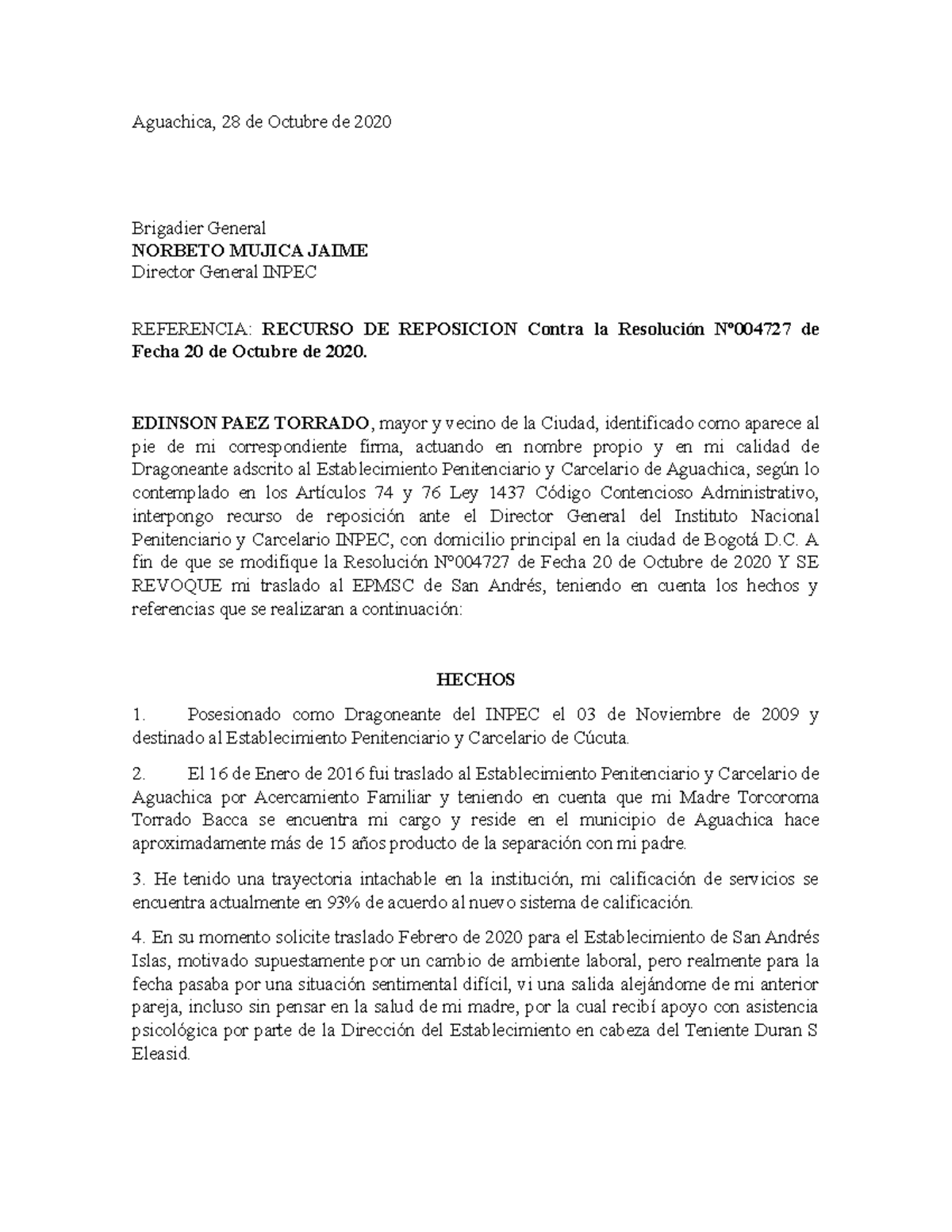 Modelo Recurso de Reposicion Traslado - Aguachica, 28 de Octubre de ...