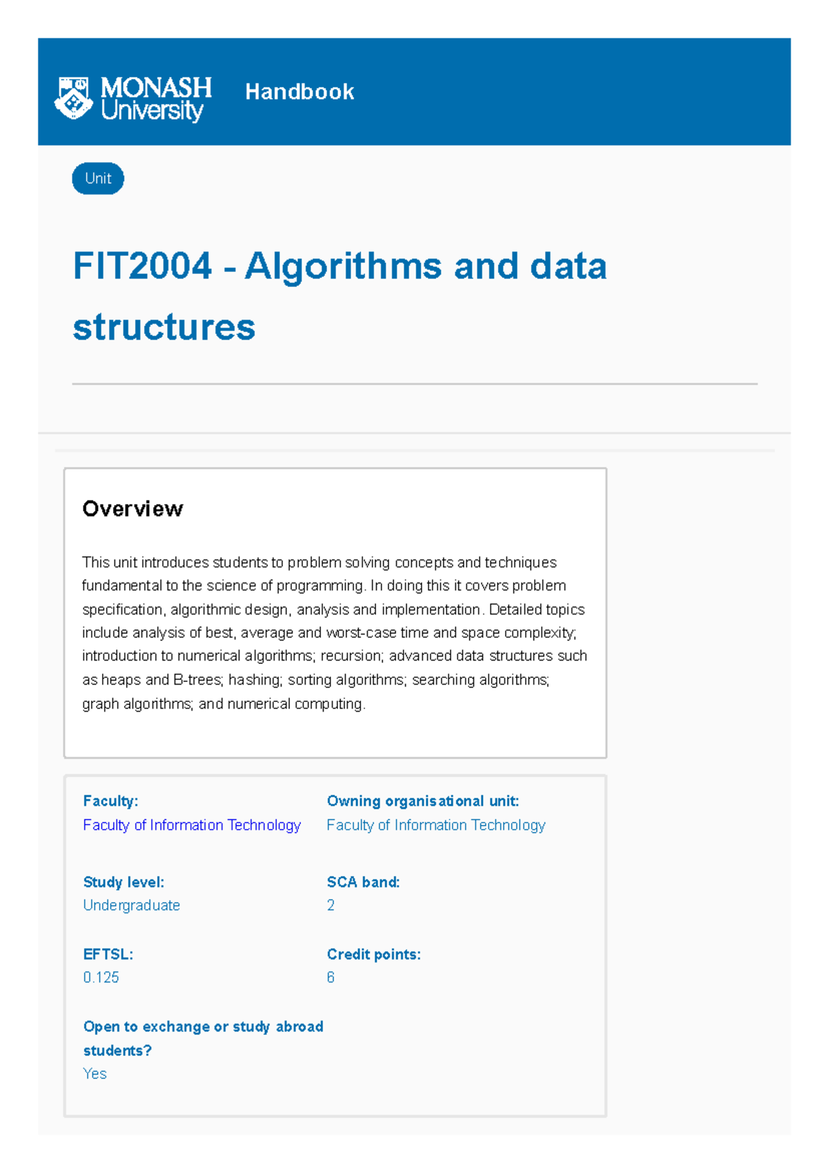 FIT2004 - Algorithms and data structures - Monash University - Handbook Unit FIT2004 ...