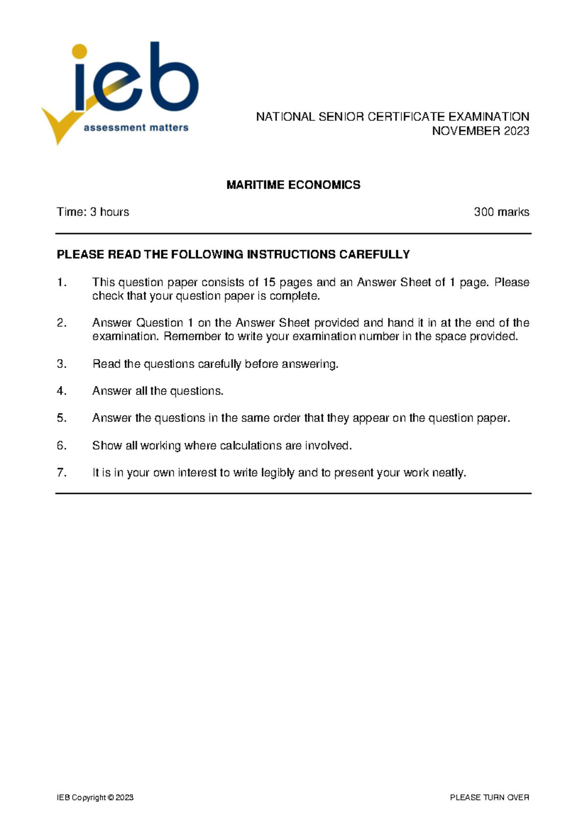Maritime Economics 2023 - IEB Copyright © 202 3 PLEASE TURN OVER ...